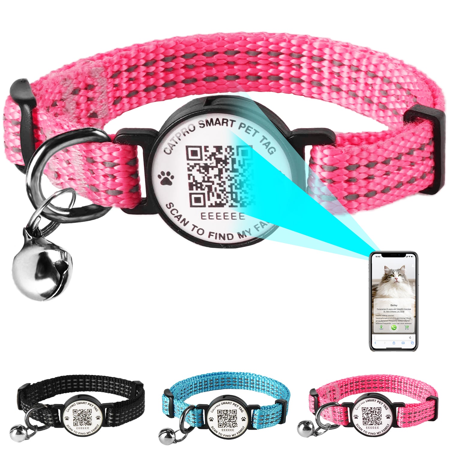 Smart QR Code Pet ID Personalized Tag Cat Collar, Reflective Nylon wit ...